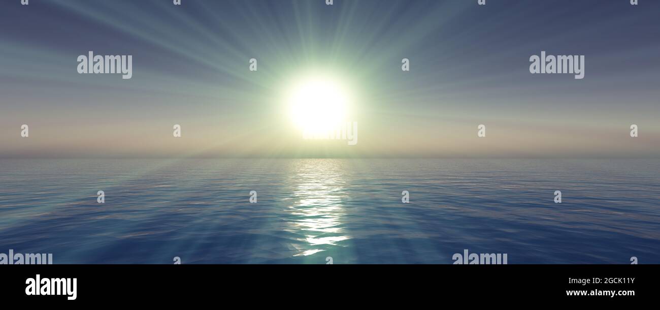 sunset sea sun ray clear sky, 3d rendering illustration Stock Photo - Alamy
