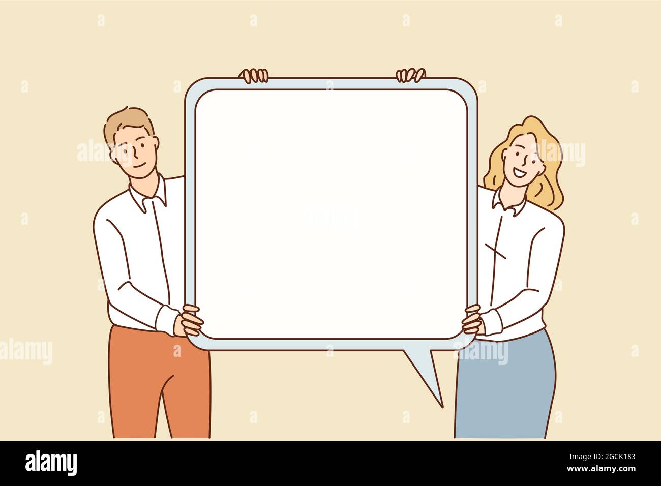 Communication and speech sign concept. Young smiling Businessman and ...