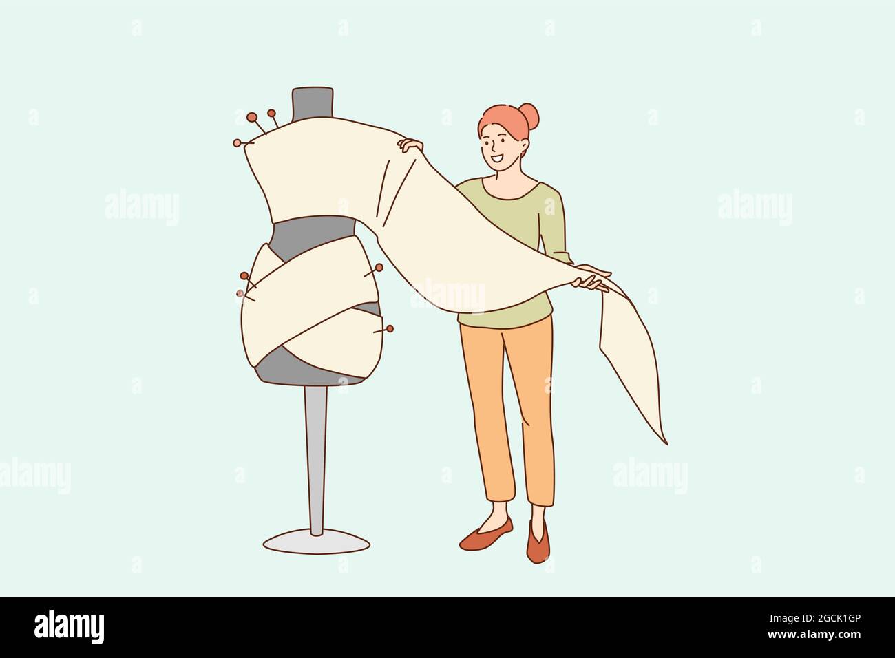 Dressmaking and fashion design concept. Young smiling woman cartoon ...