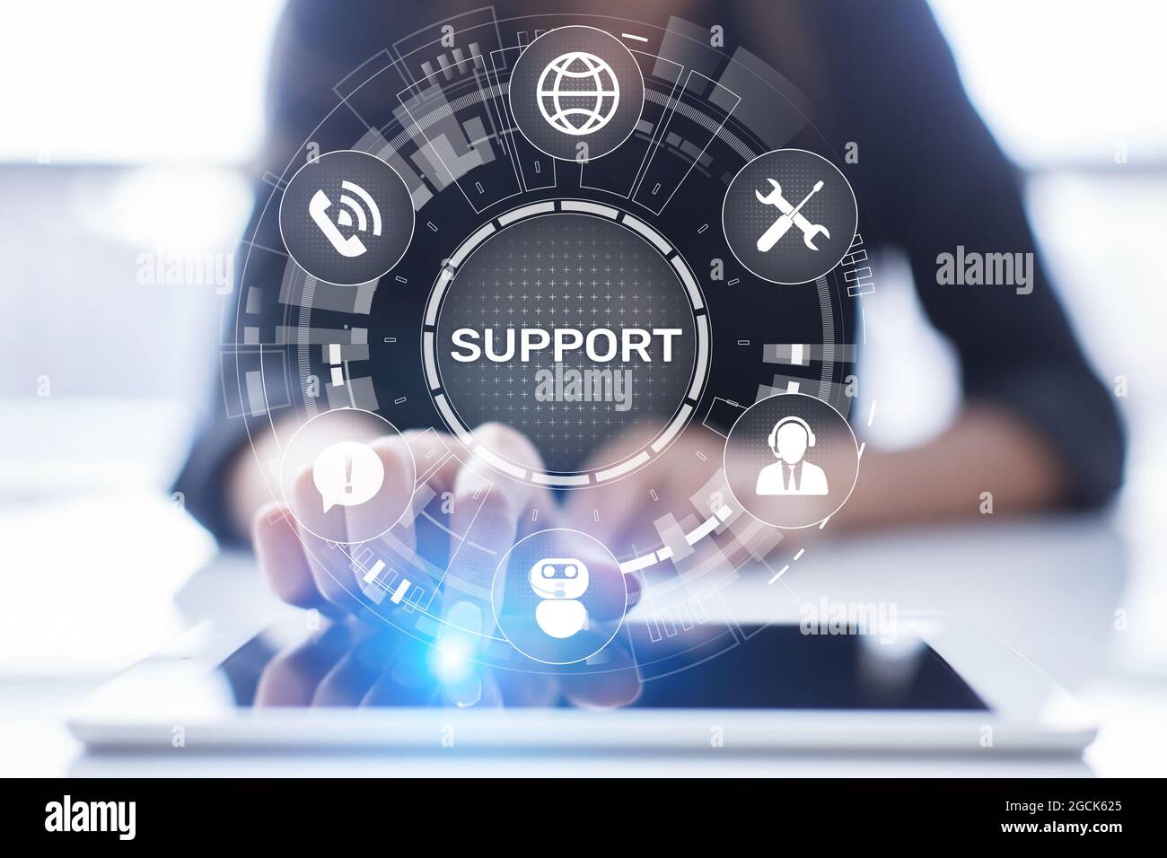 Support button on virtual screen. Customer service and communication ...