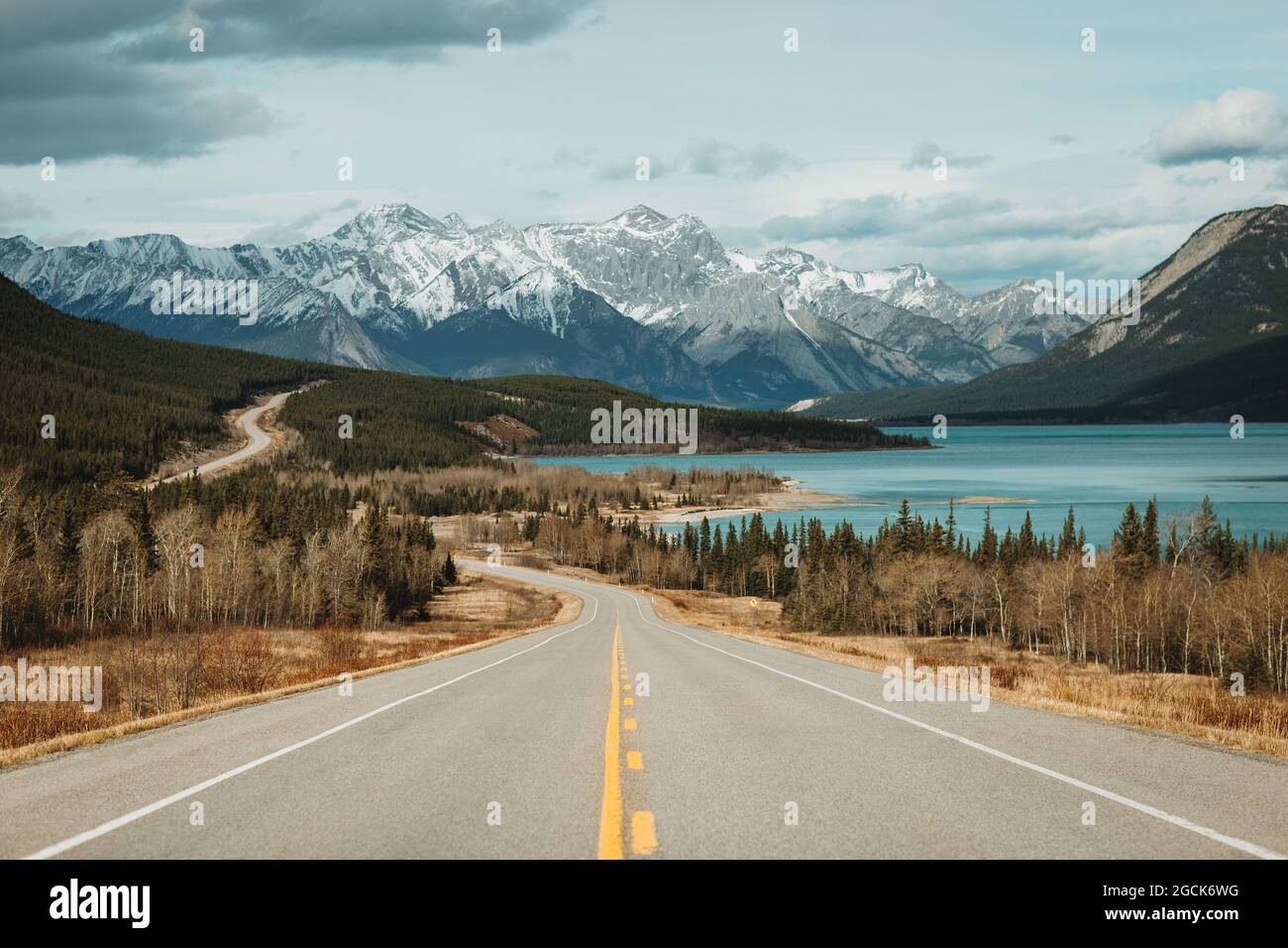 David Thompson Highway going near Abraham Lake and snowy mountains on ...