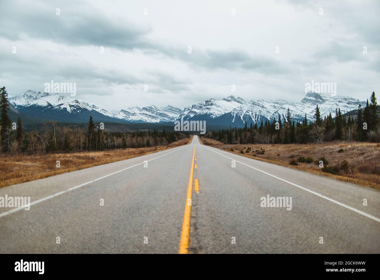 David Thompson Highway against snowy mountains on cloudy day in Banff ...