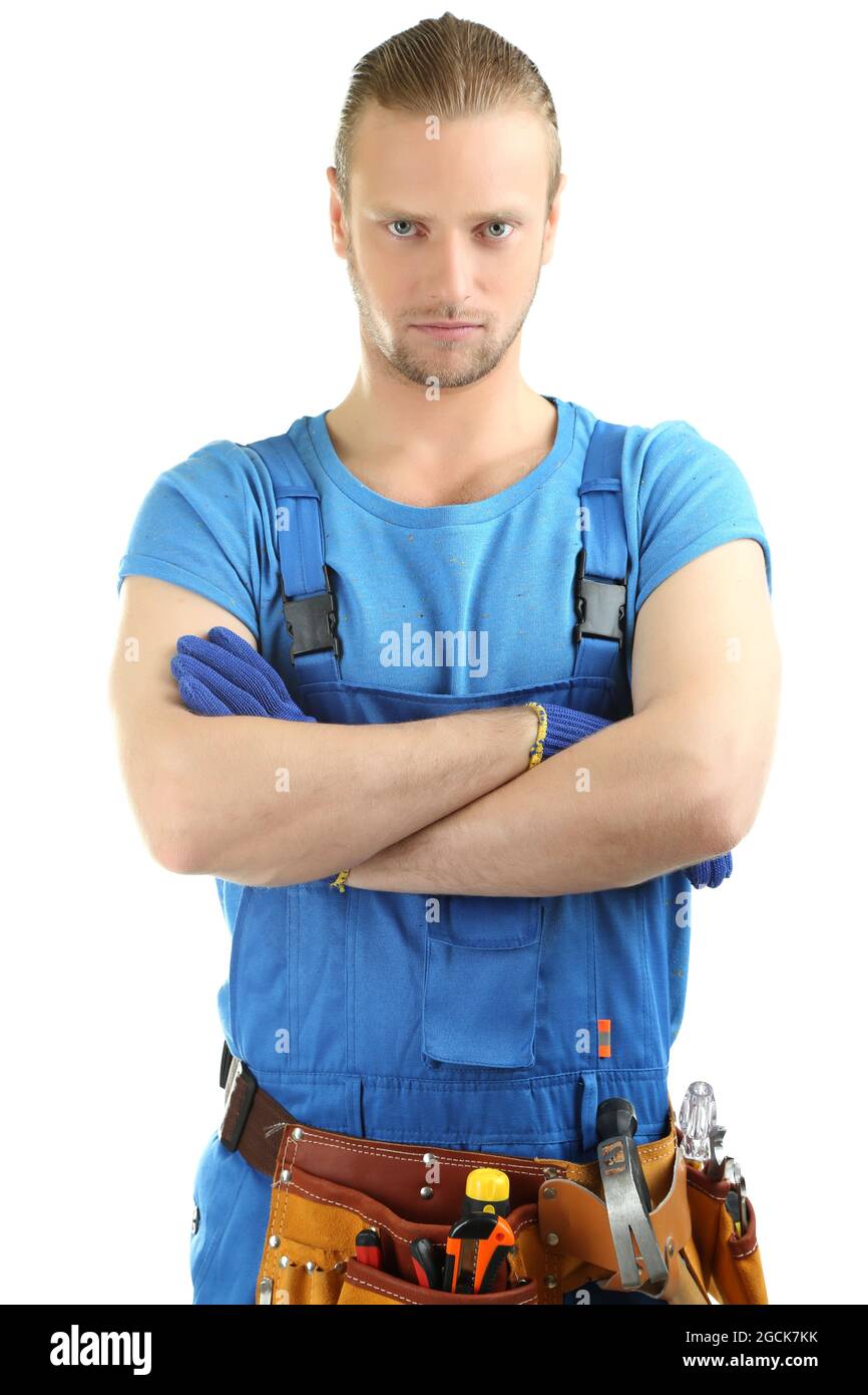 Portrait of young foreman isolated on white Stock Photo - Alamy
