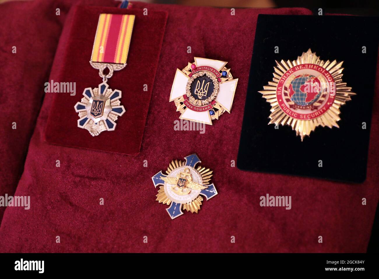 KYIV, UKRAINE - AUGUST 7, 2021 - Medals of Ukrainian statesman Yevhen ...