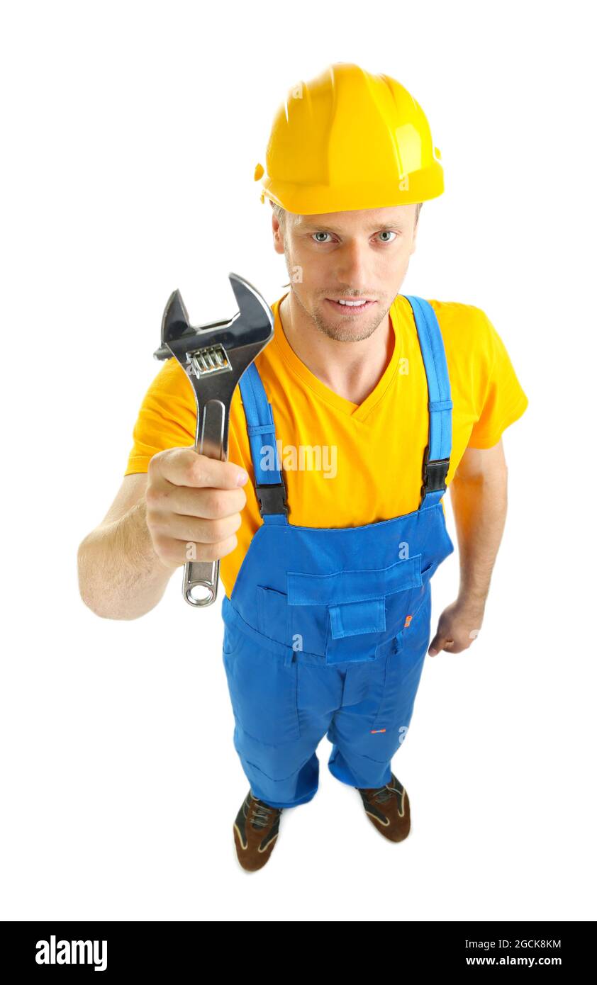 Portrait of young builder isolated on white Stock Photo - Alamy