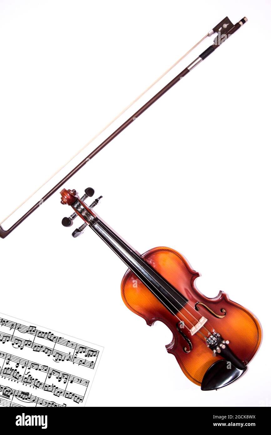 Front view of violin with Violin stick isolated on white background ...