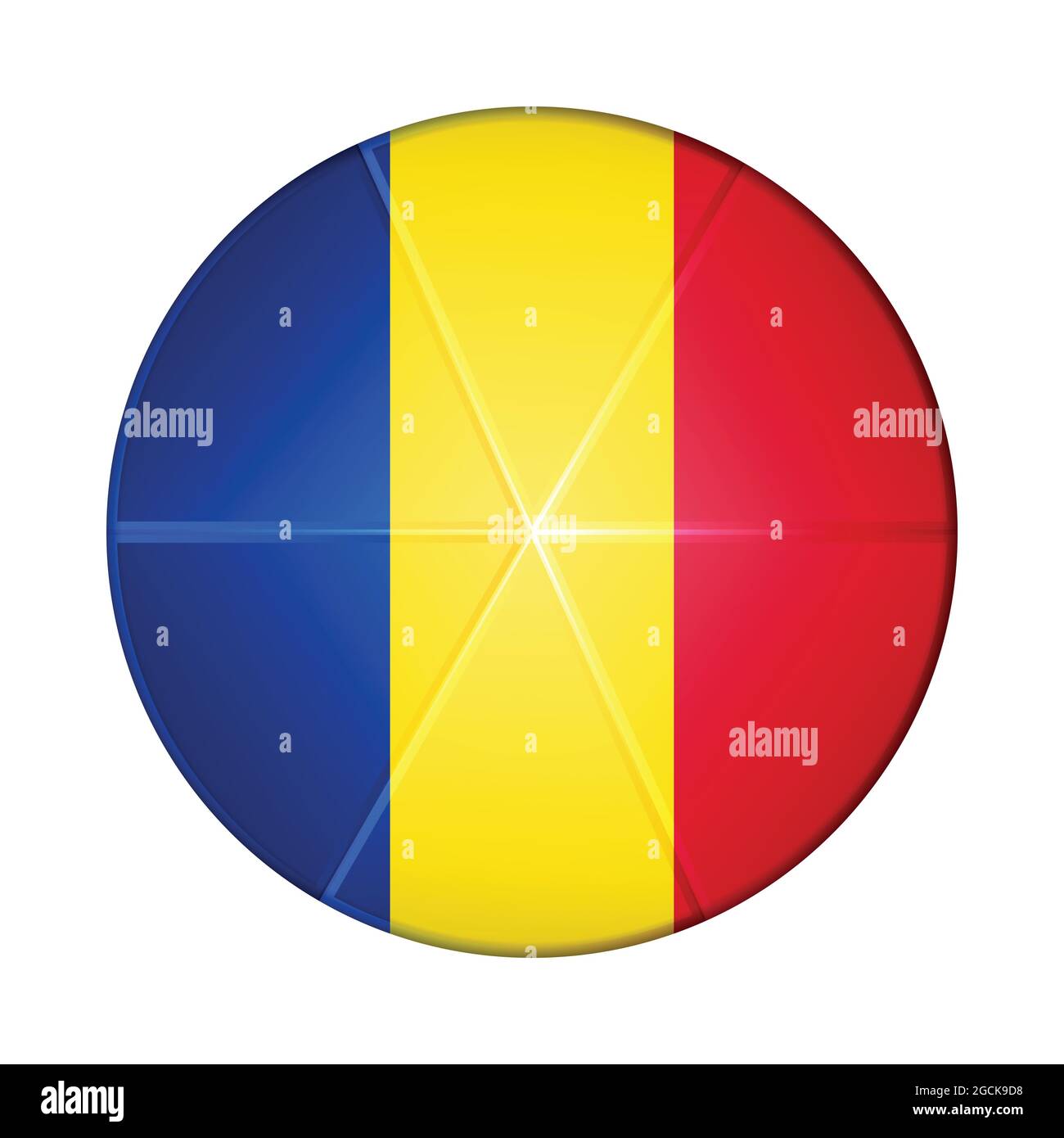 Glass light ball with flag of Romania. Round sphere, template icon ...