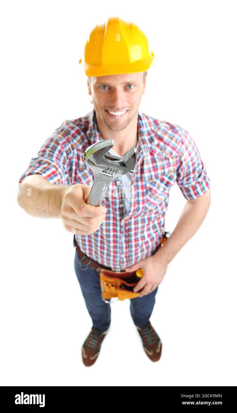 Portrait of young builder isolated on white Stock Photo - Alamy