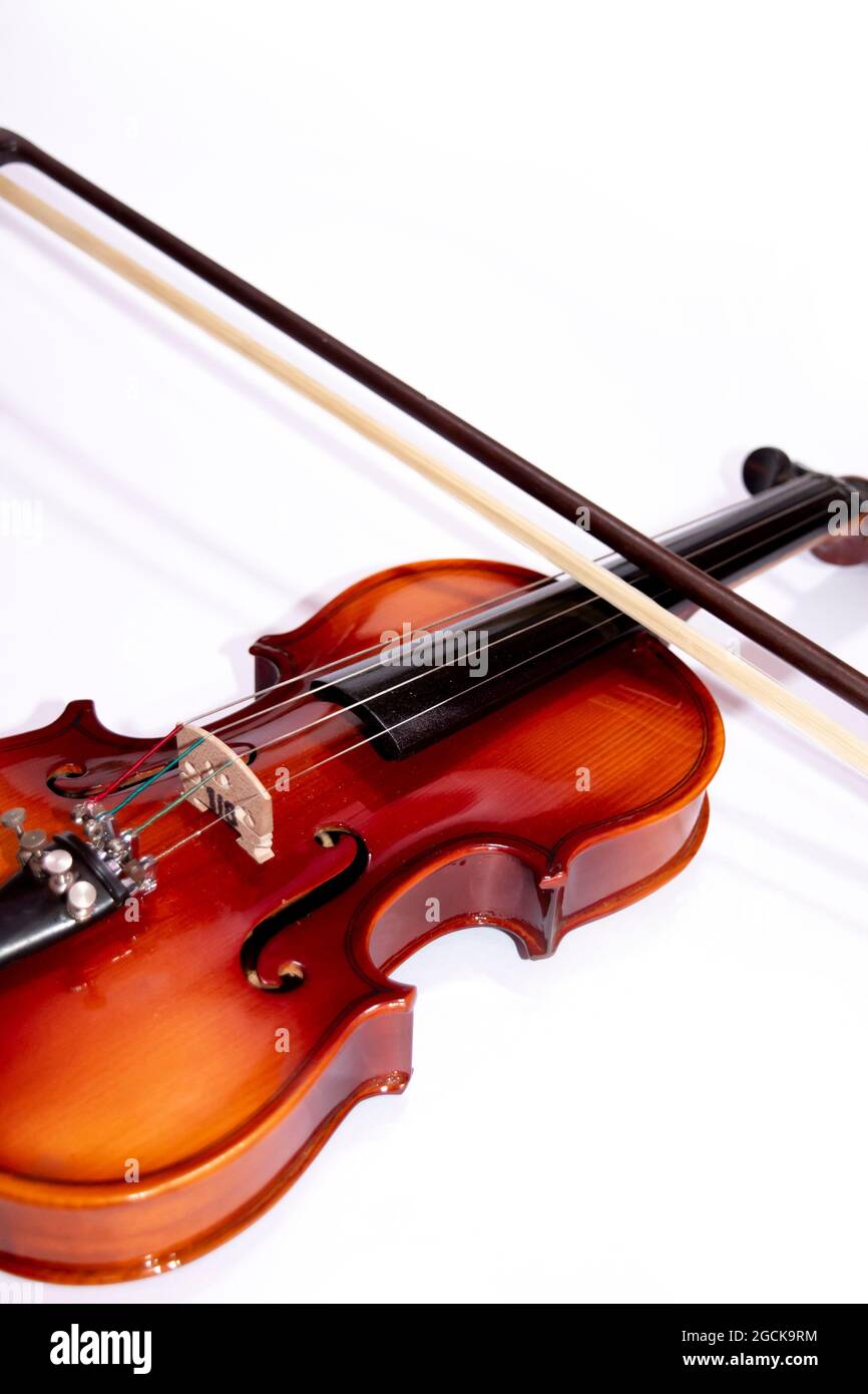 Front view of violin with Violin stick isolated on white background ...