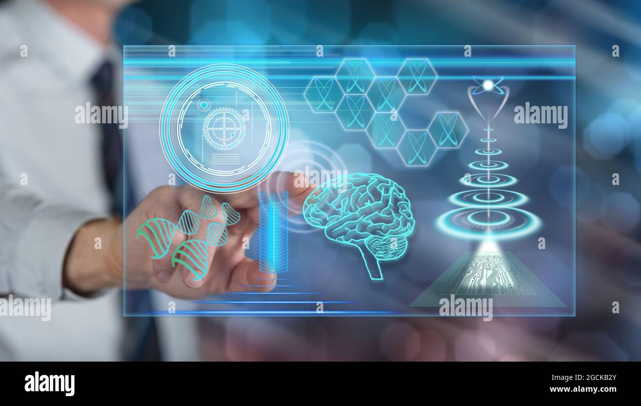 Man touching a futuristic technologies concept on a touch screen with ...