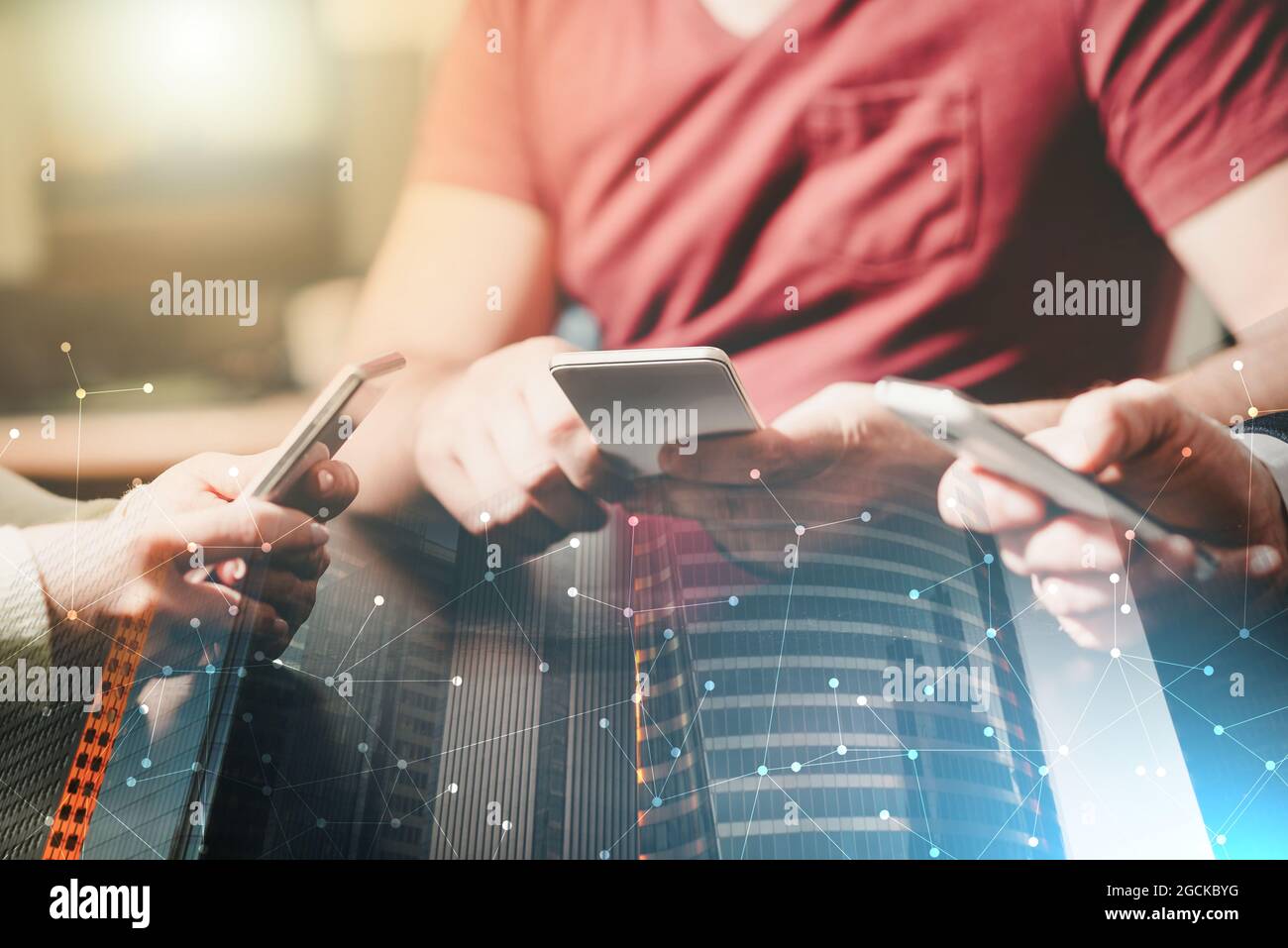 View of people hands using mobile phones. multiple exposure Stock Photo ...