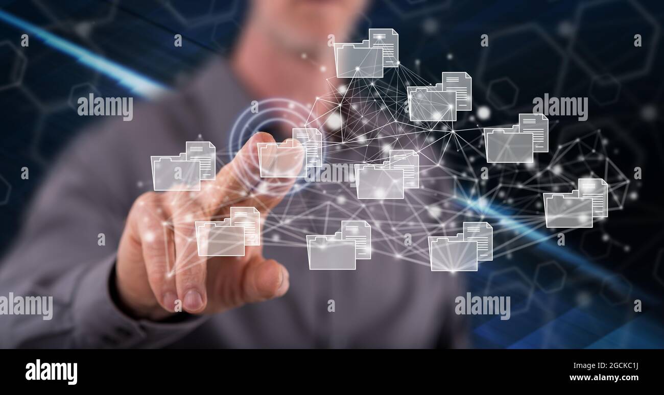 Man touching a data connection concept on a touch screen with his ...
