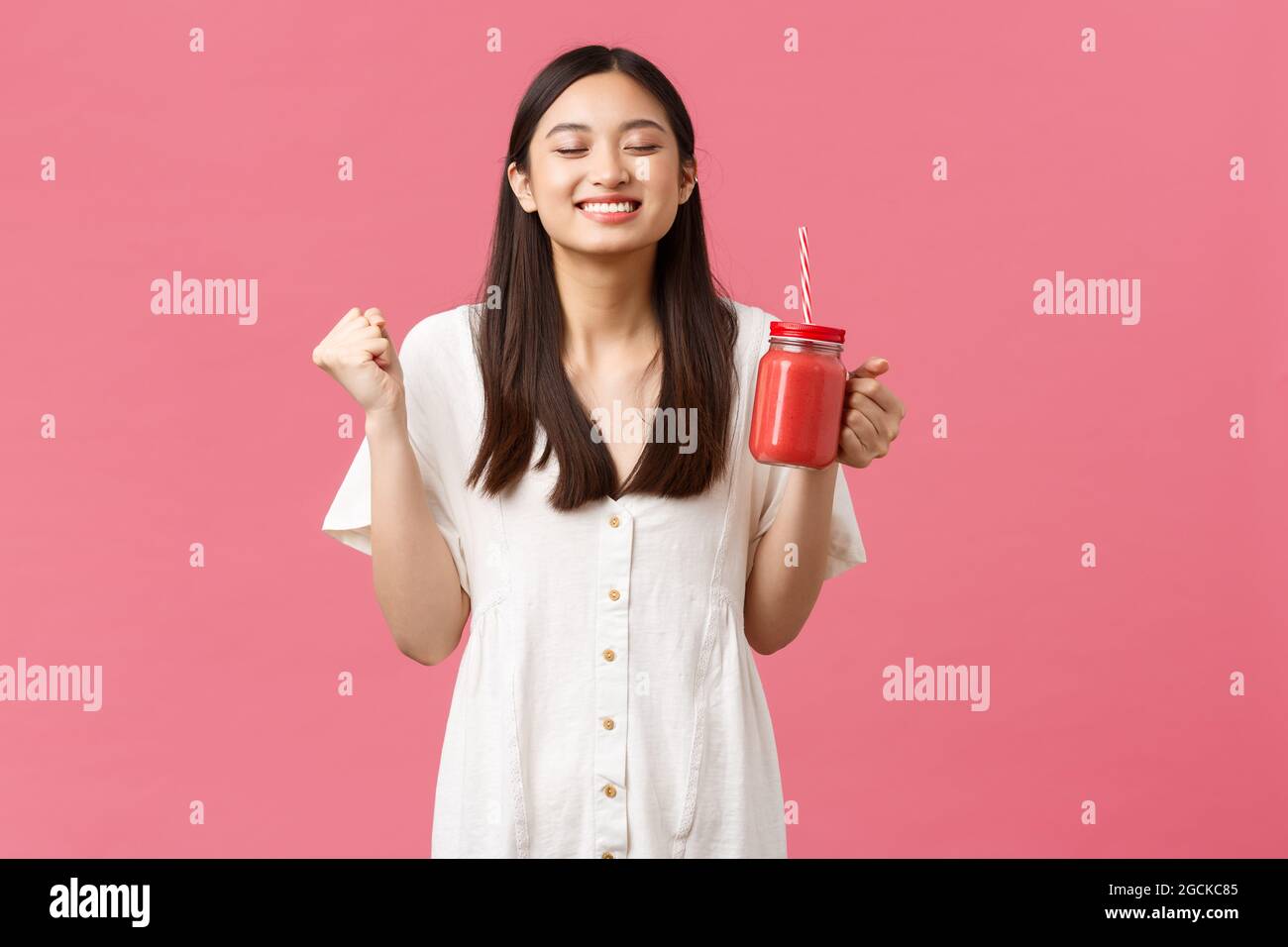 Healthy food, emotions and summer lifestyle concept. Enthusiastic and ...