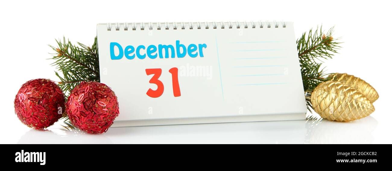 Calendar, New Year decor and fir tree, isolated on white Stock Photo ...