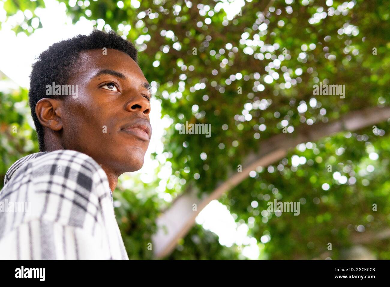 From below side view unemotional African American stylish male standing ...