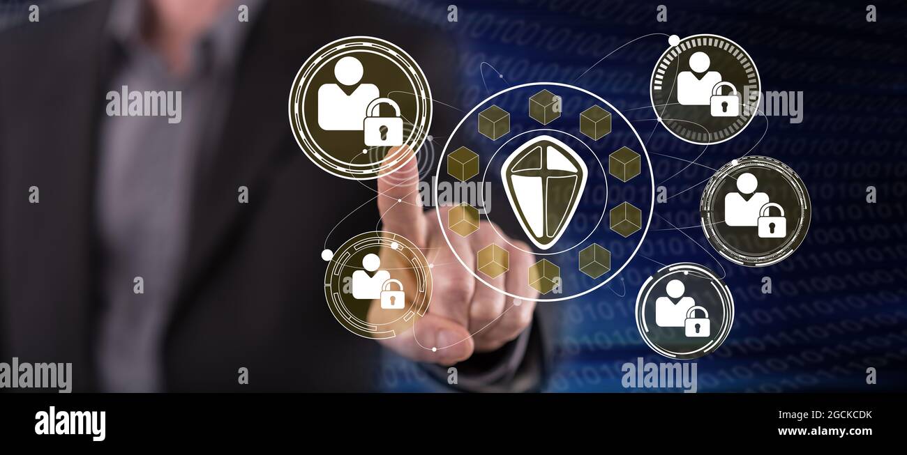 Man touching personal data security concept on a touch screen with his ...