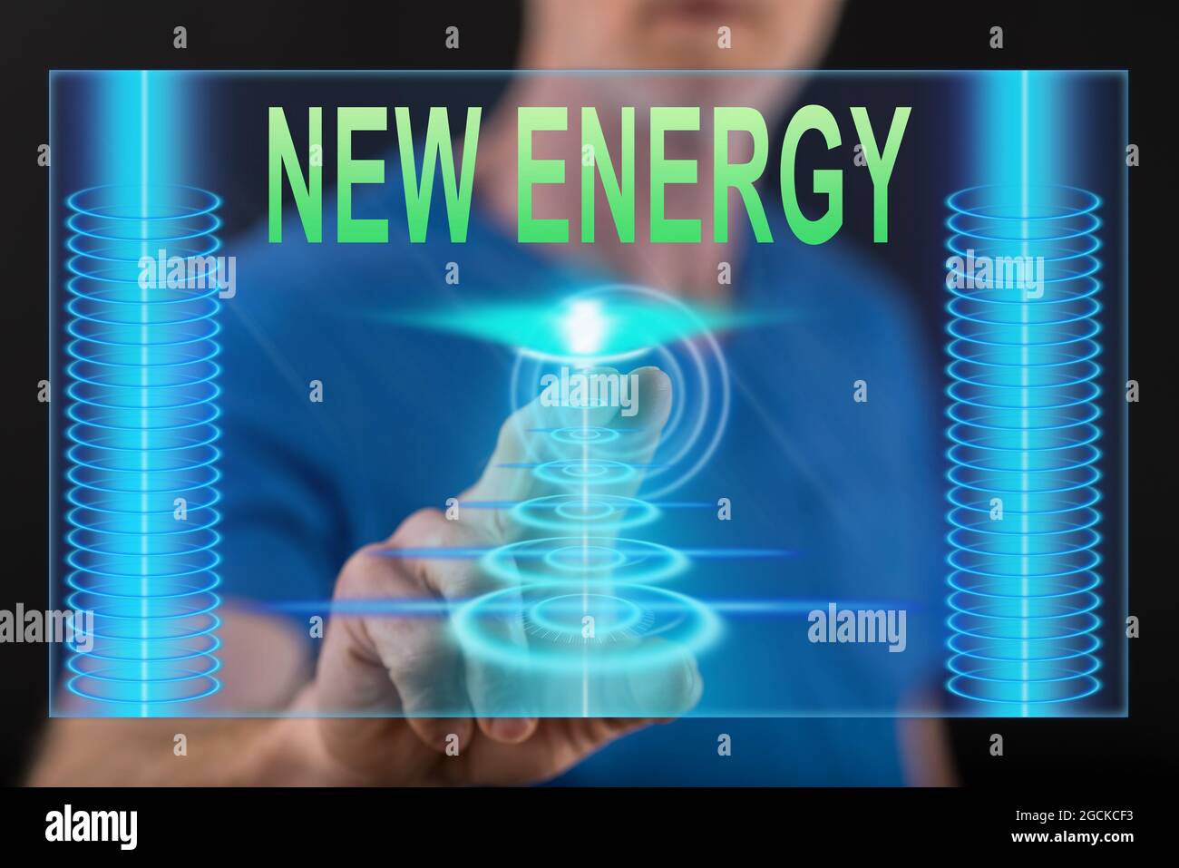 Man touching a new energy concept on a touch screen with his finger ...