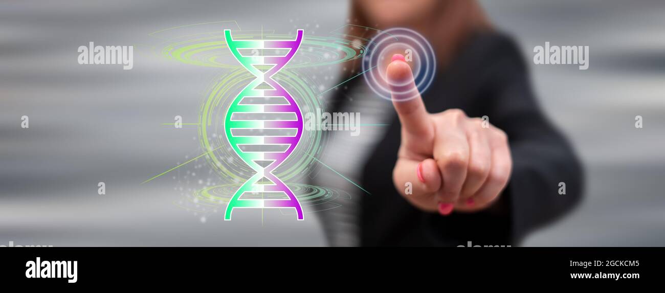 Woman touching a transhumanism concept on a touch screen with her ...