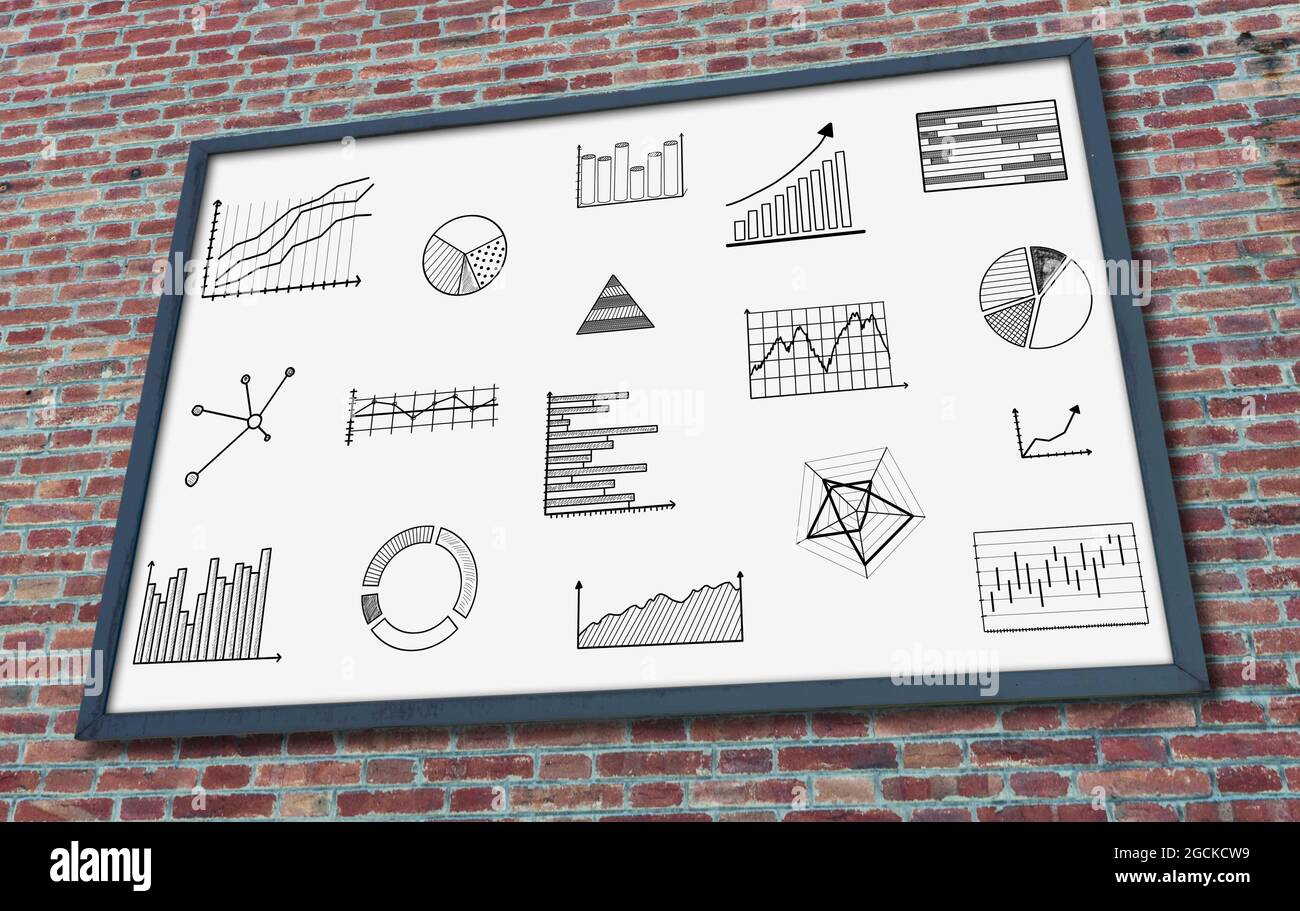 Graphical analysis concept drawn on a billboard fixed on a brick wall ...