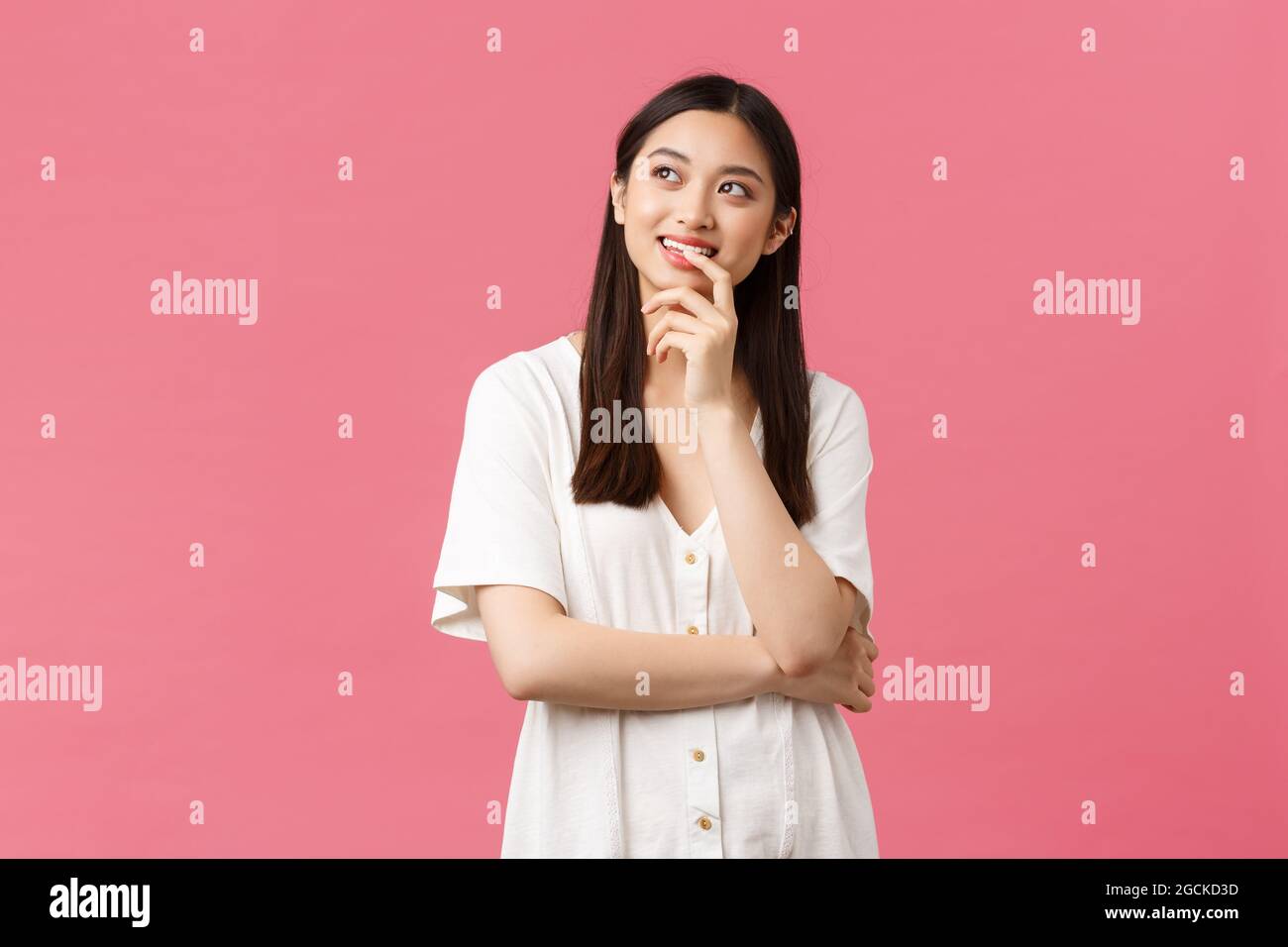 Beauty, people emotions and summer leisure concept. Intrigued and ...