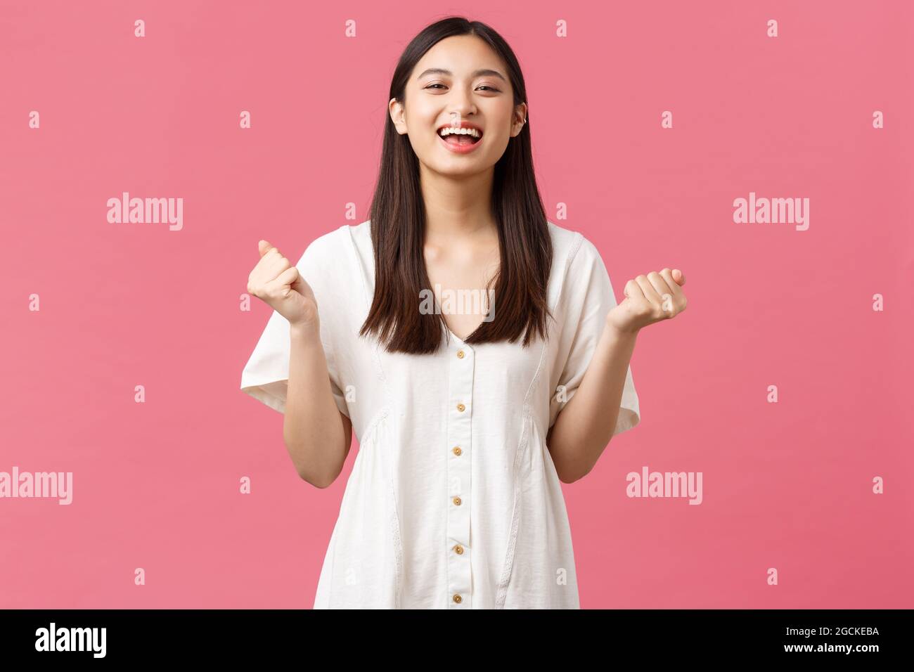 Beauty, people emotions and summer leisure concept. Satisfied happy and ...