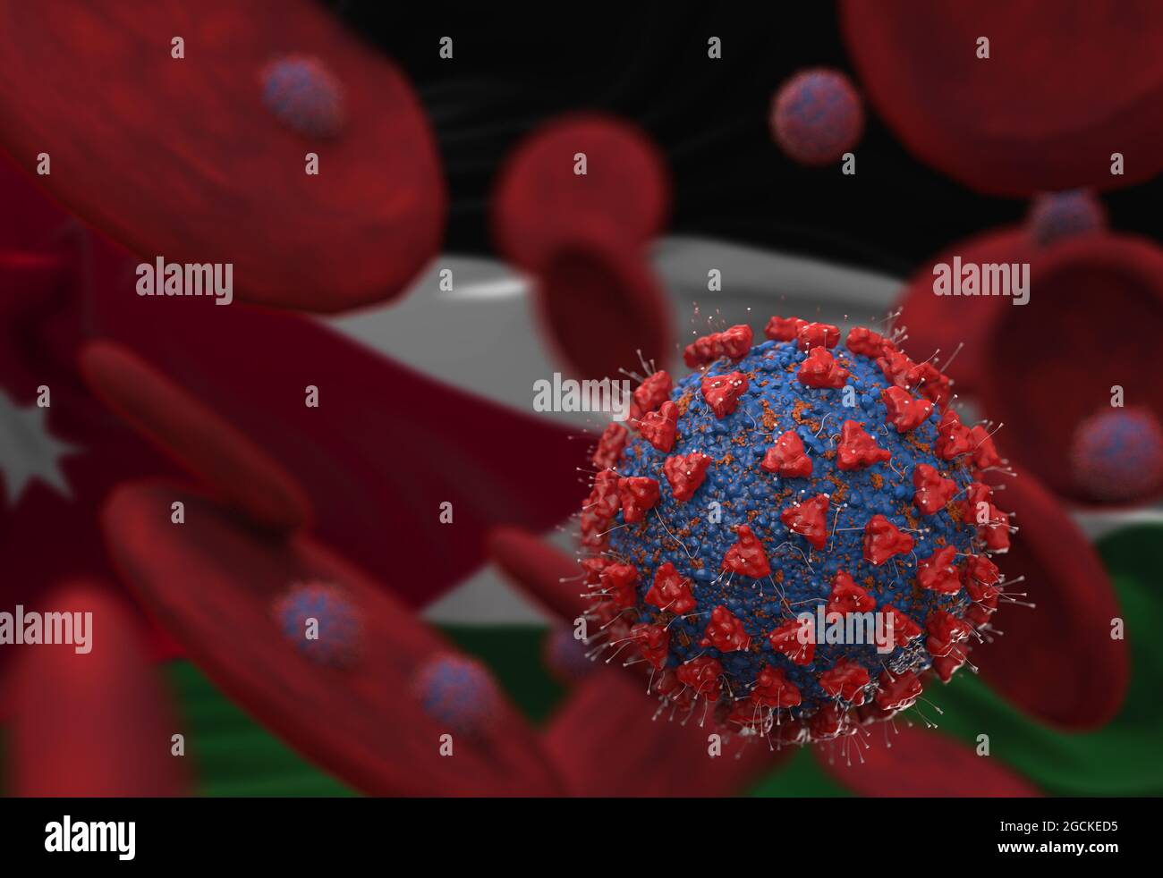 Virus and blood cells against flag of Jordan. 3d illustration. viral ...