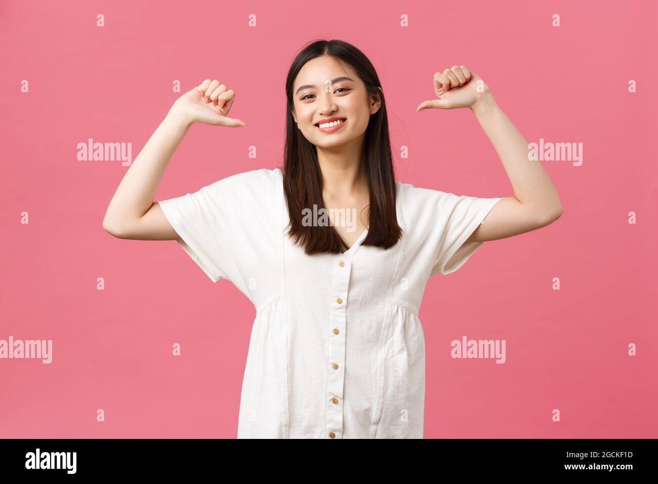 Beauty, people emotions and summer leisure and vacation concept. Proud ...