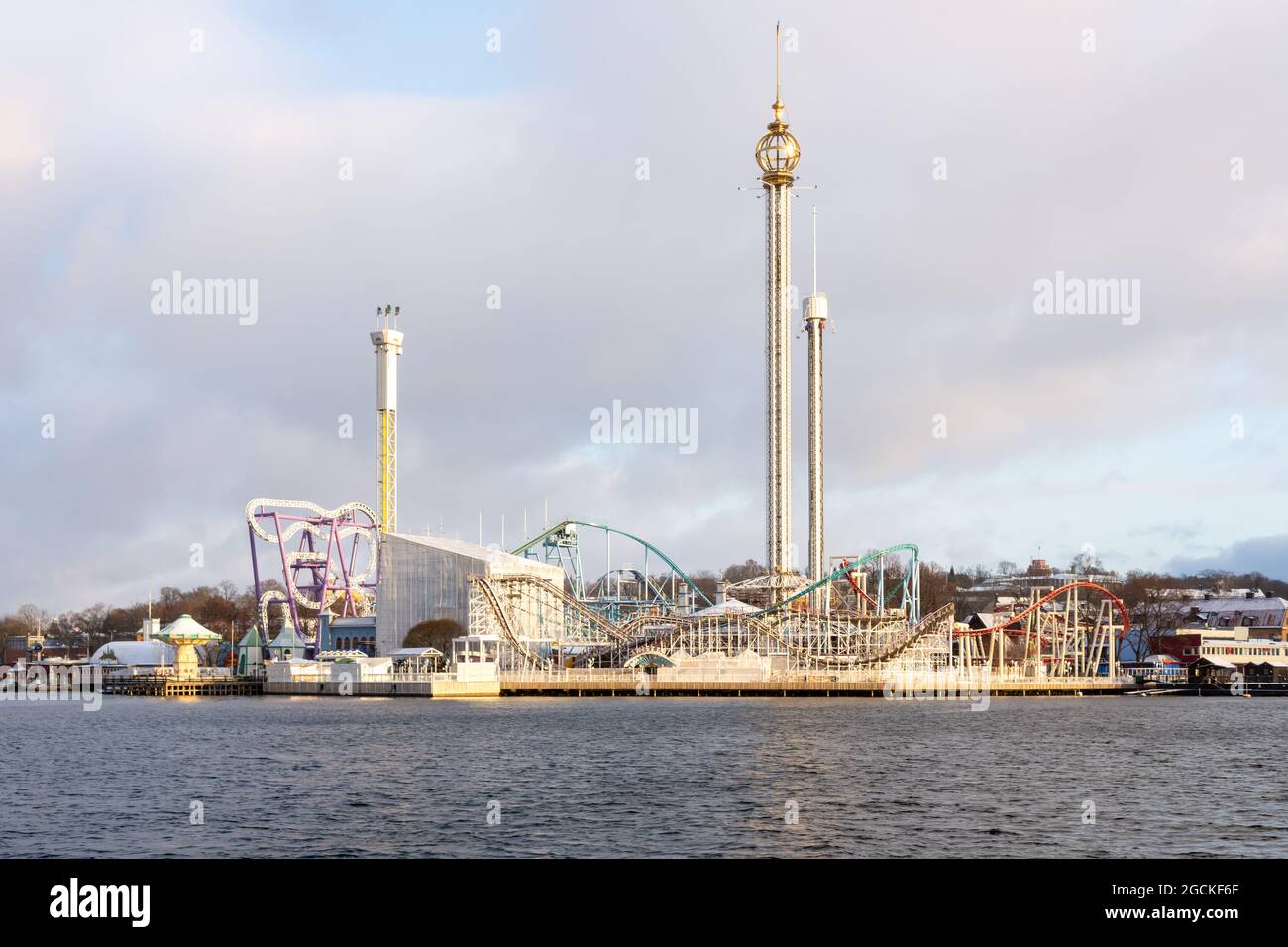 Historical beautiful Grona Lund amusement park under the cloudy sky in ...