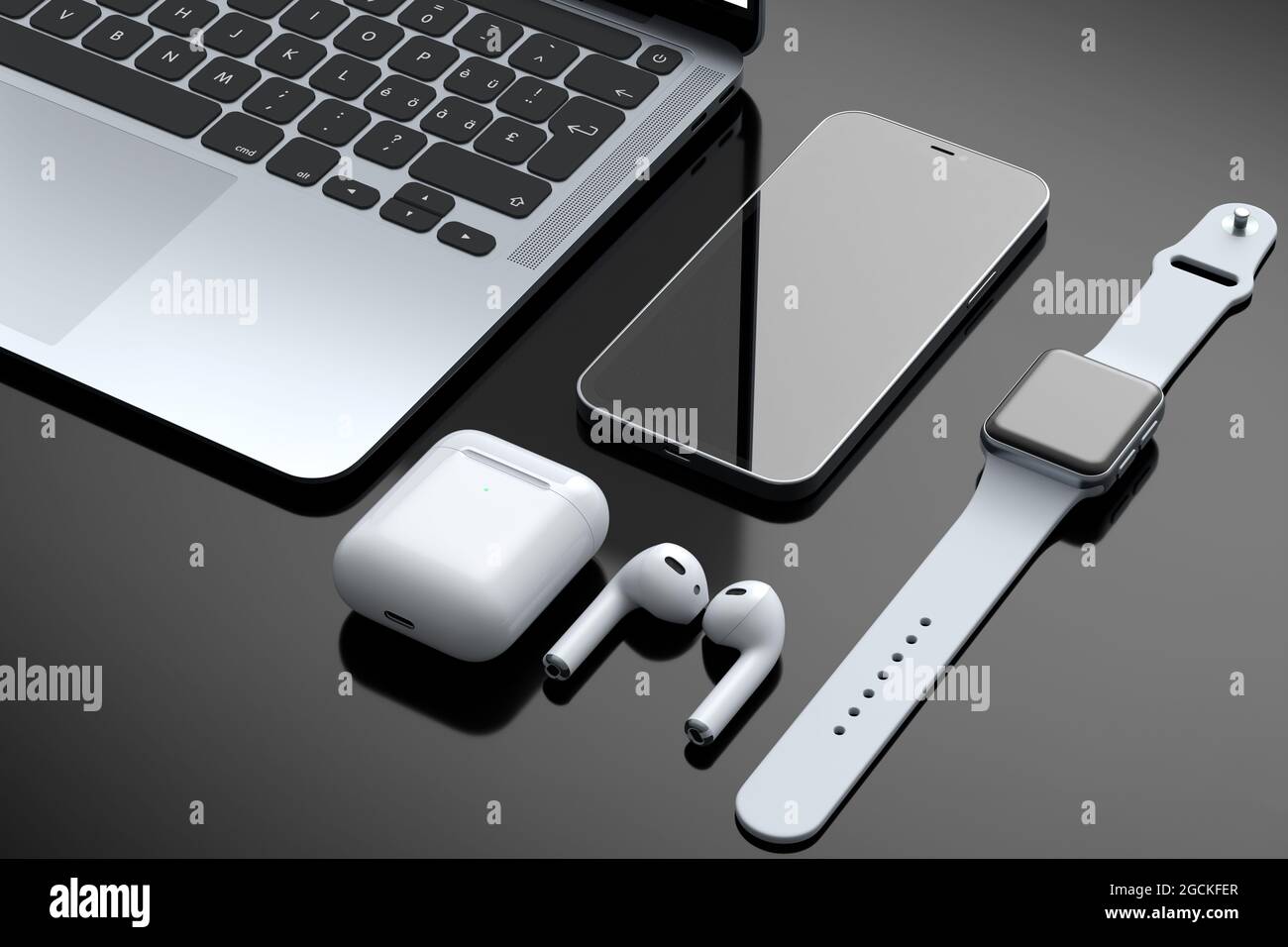 Realistic laptop with smart watch, headphones and phone on black Stock ...