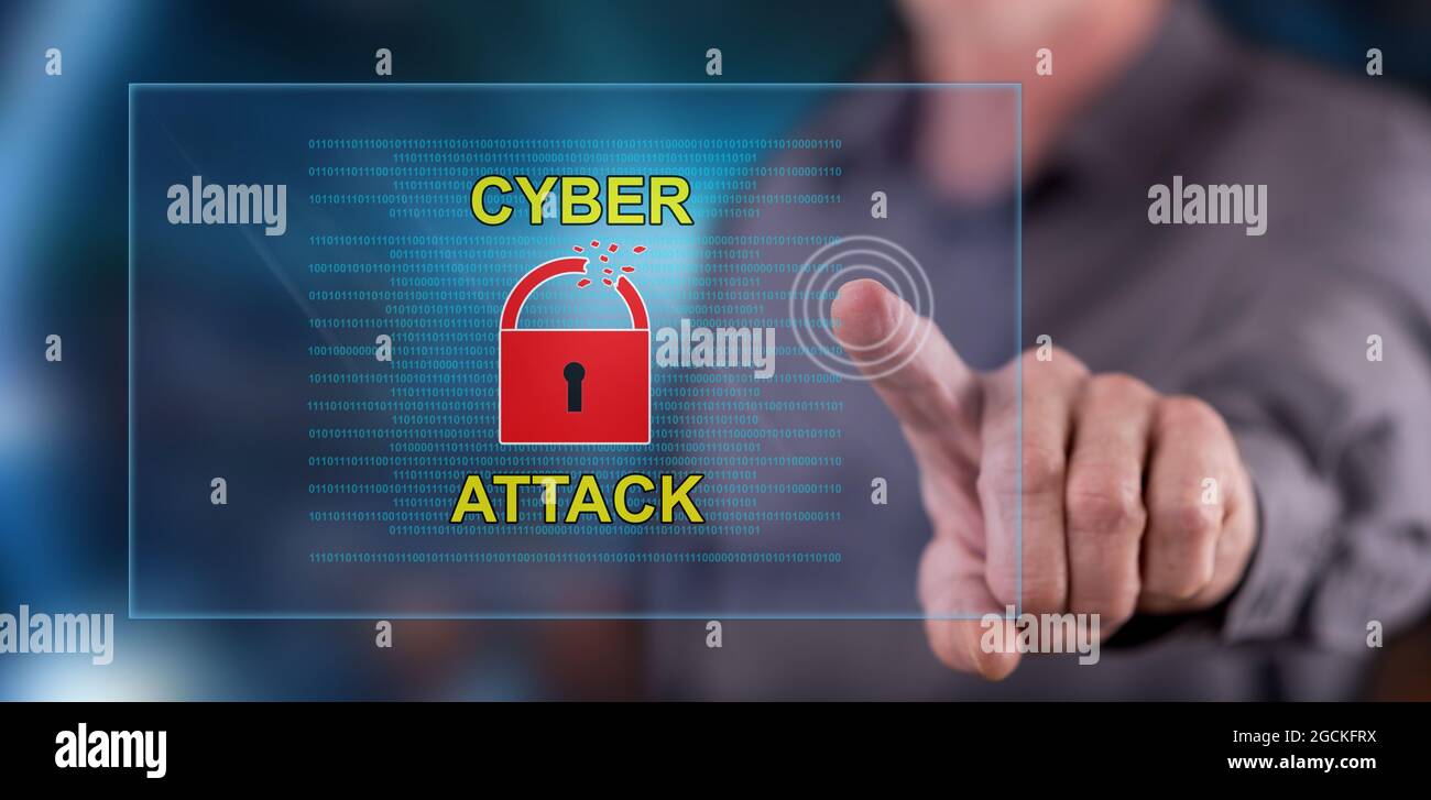 Man touching a cyber attack concept on a touch screen with his finger ...