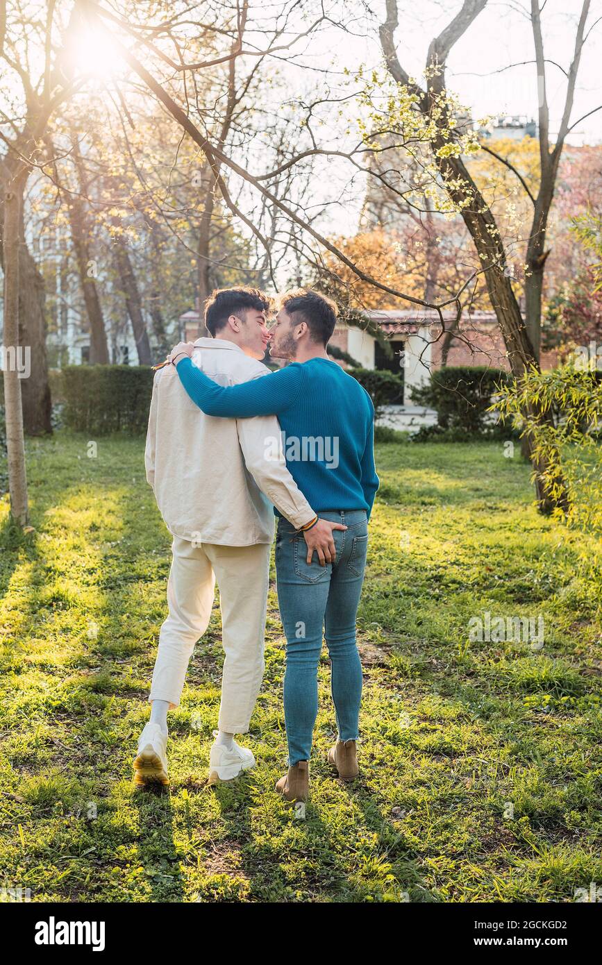 Back view of loving LGBT couple of males hugging and kissing in park on ...