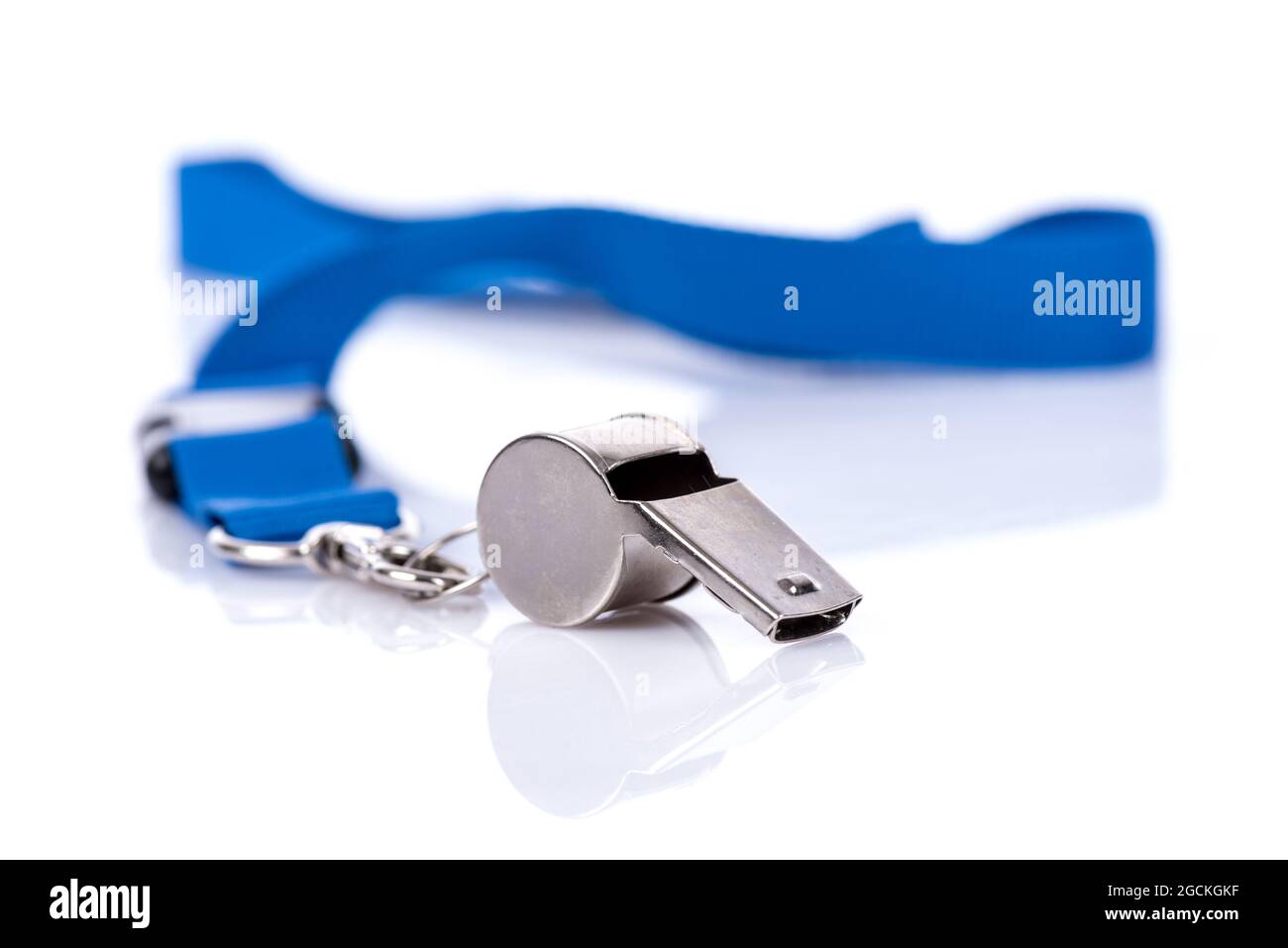 Metal whistle with blue lanyard, isolated on white Stock Photo - Alamy