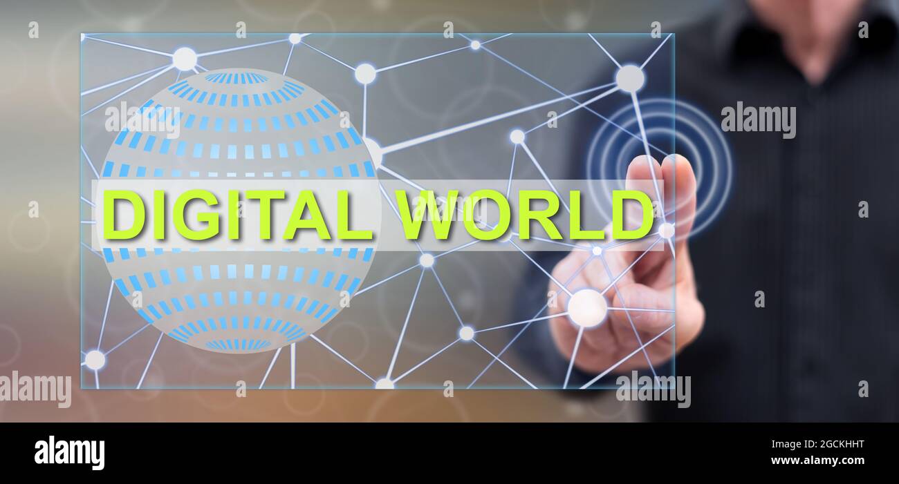Man touching a digital world concept on a touch screen with his fingers ...