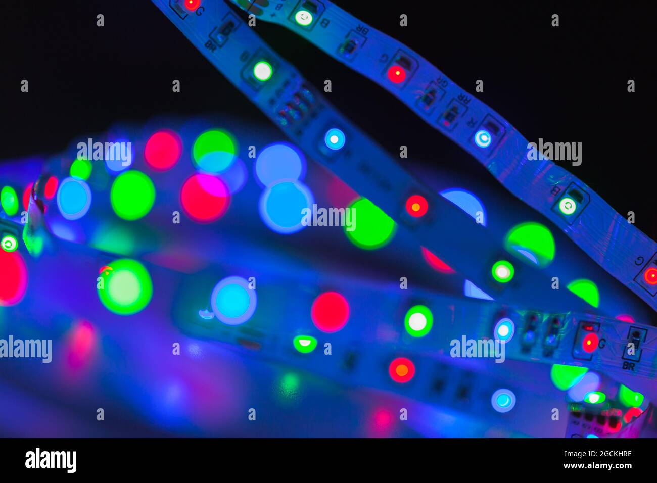 Colorful LED strip lights, close up photo with selective focus and ...
