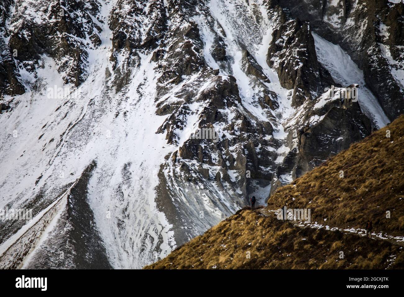 Wonderful landscape of trail on steep slope in Himalayan mountains in ...