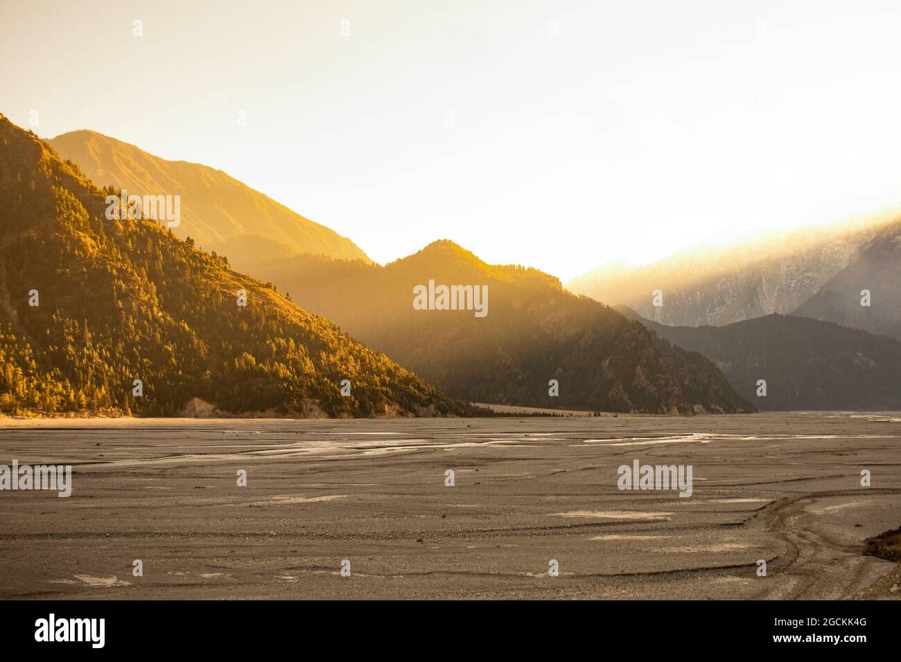 Breathtaking view of dried valley in Himalayas mountain ridge lit by ...