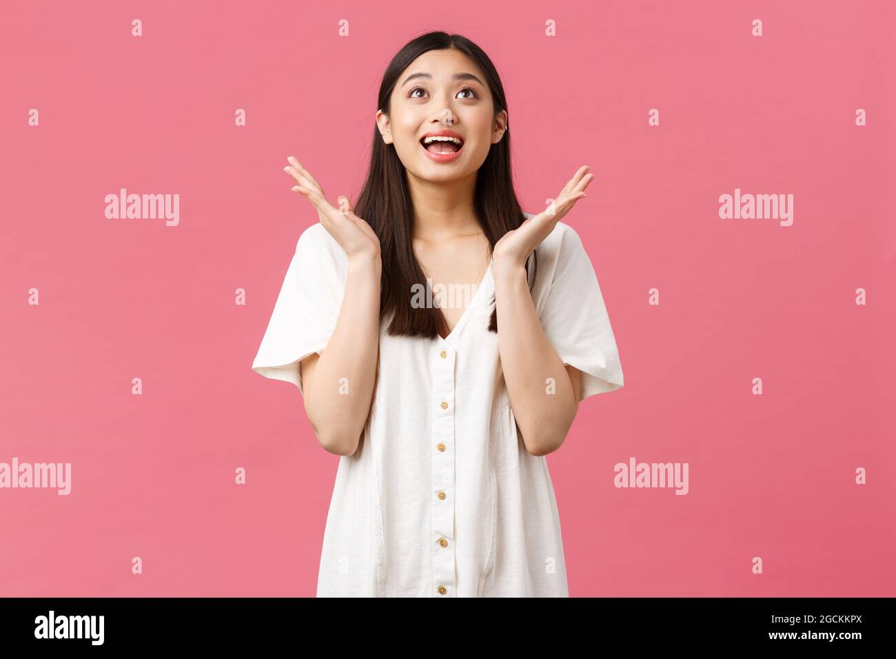 Beauty, people emotions and summer leisure concept. Happy cheerful ...