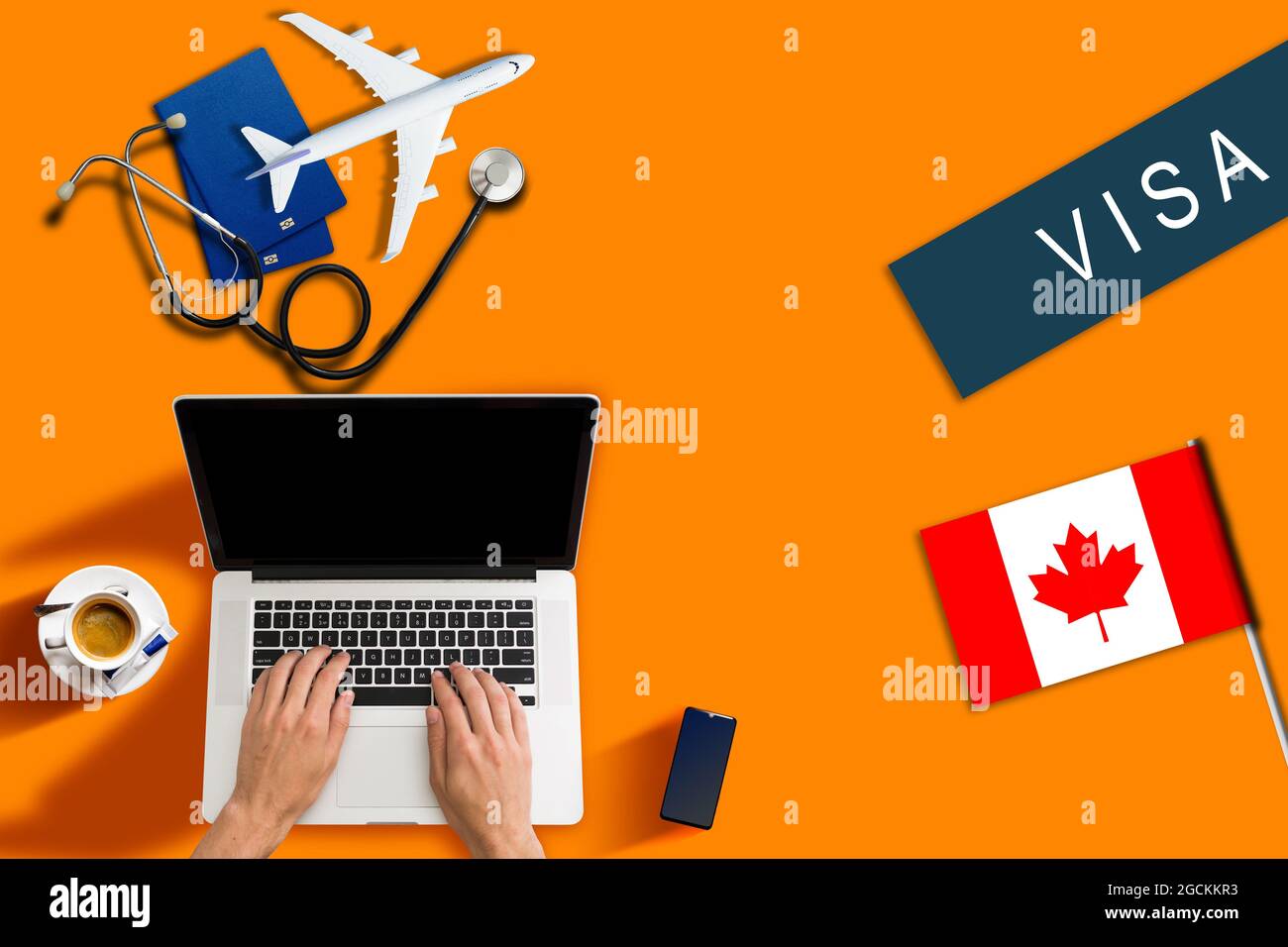airplane model, passport, visa, flag. Travel Planner Stock Photo - Alamy