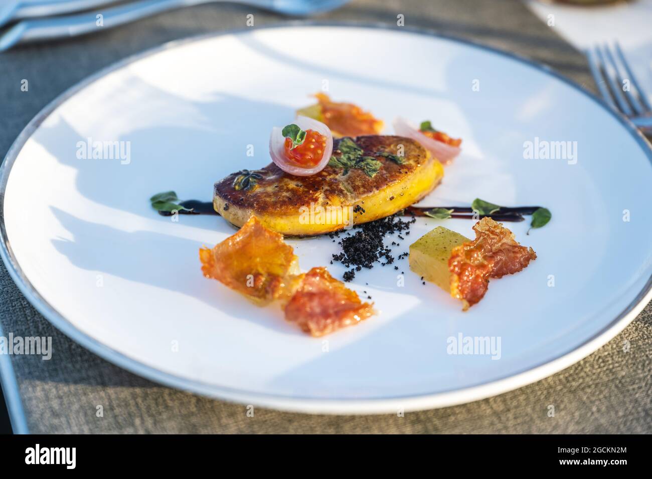 Delicious and well garnished fried goose liver dish at outdoor high ...