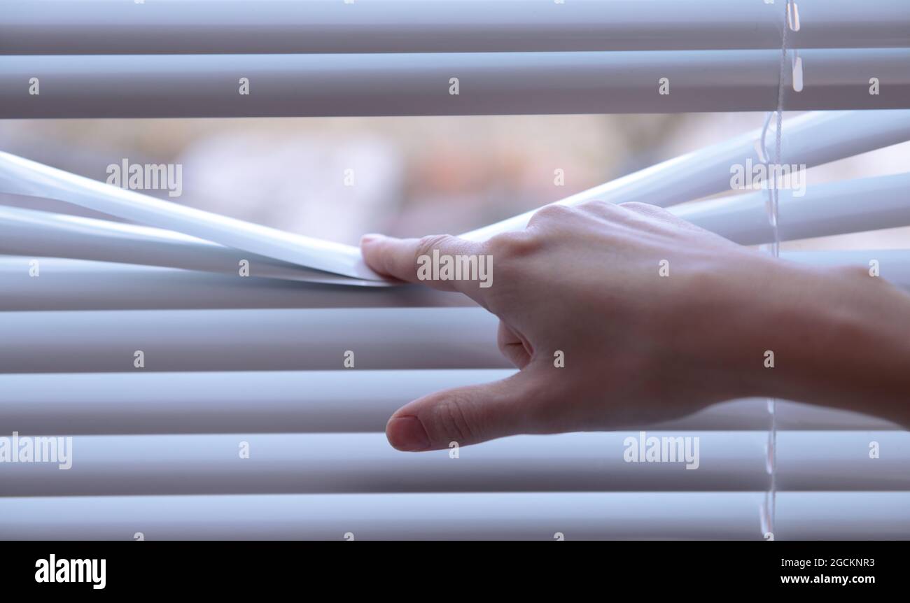 Female hand separating slats of venetian blinds with a finger to see ...