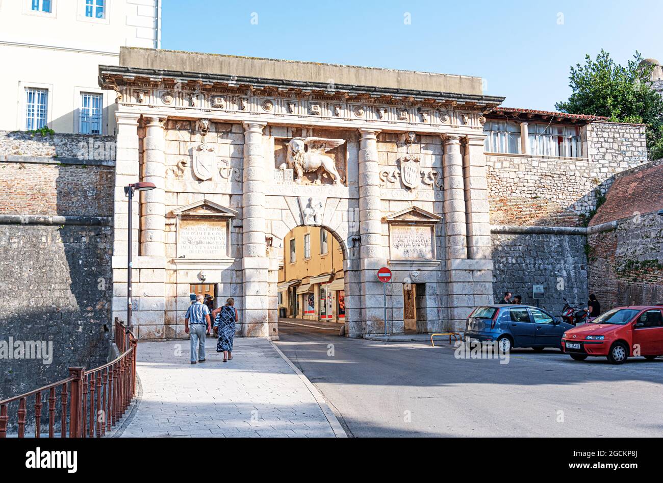 The Landward gate with the Lion of Saint Mark in Zadar. Zadar is a city ...
