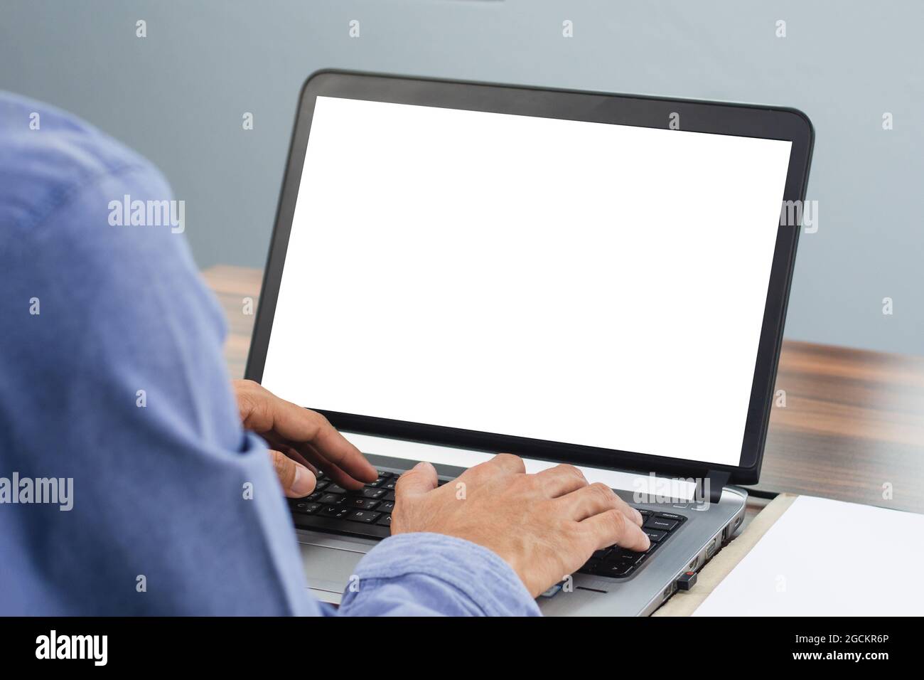Hand typing keyboard computer screen mockup in office Stock Photo - Alamy