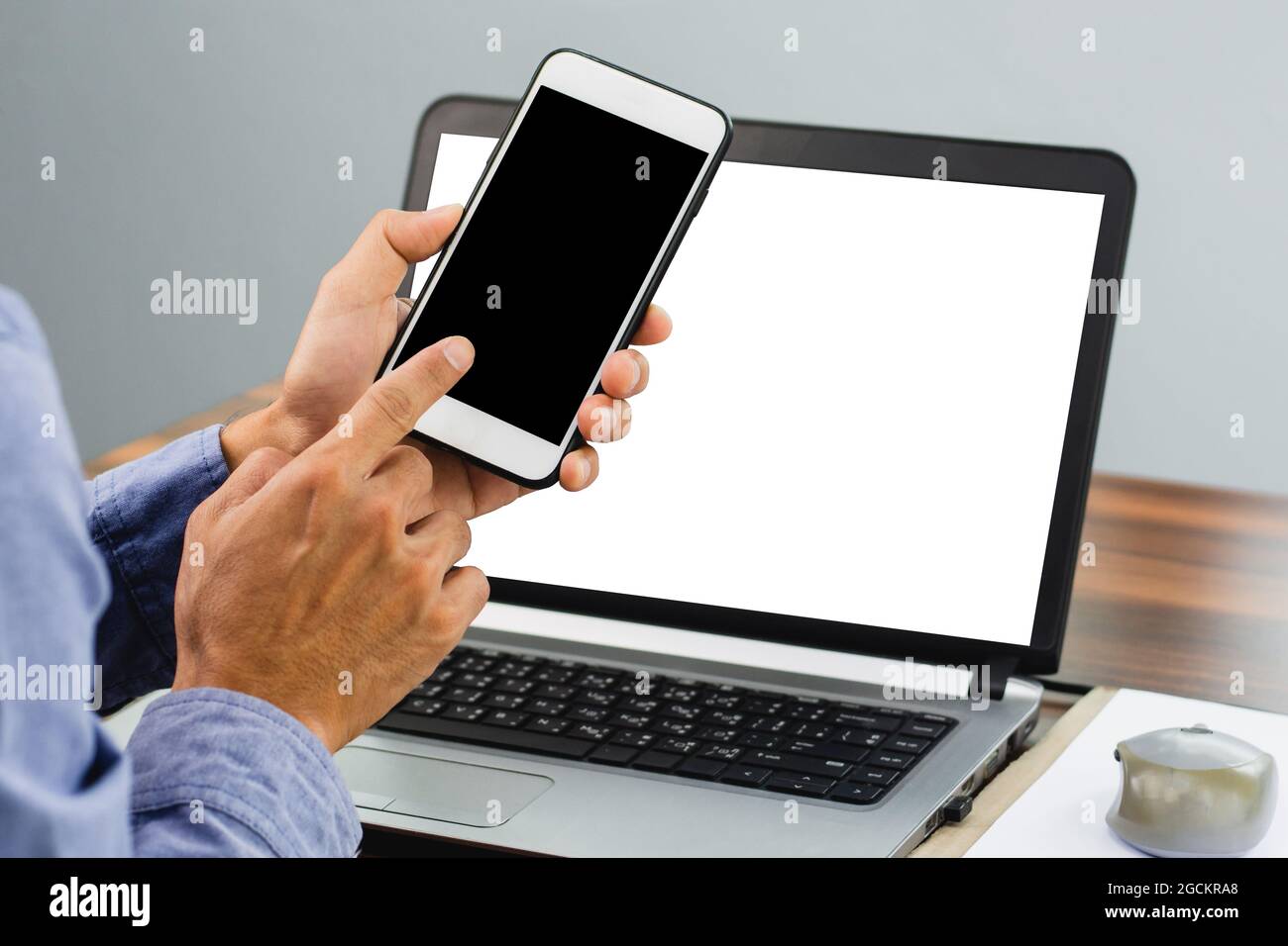Closeup hand holding smartphone mockup screen background technology ...