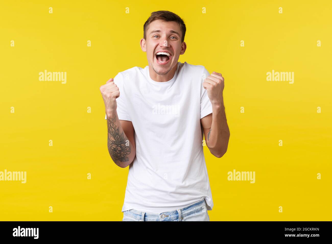 Lifestyle, summer and people emotions concept. Relieved and happy ...