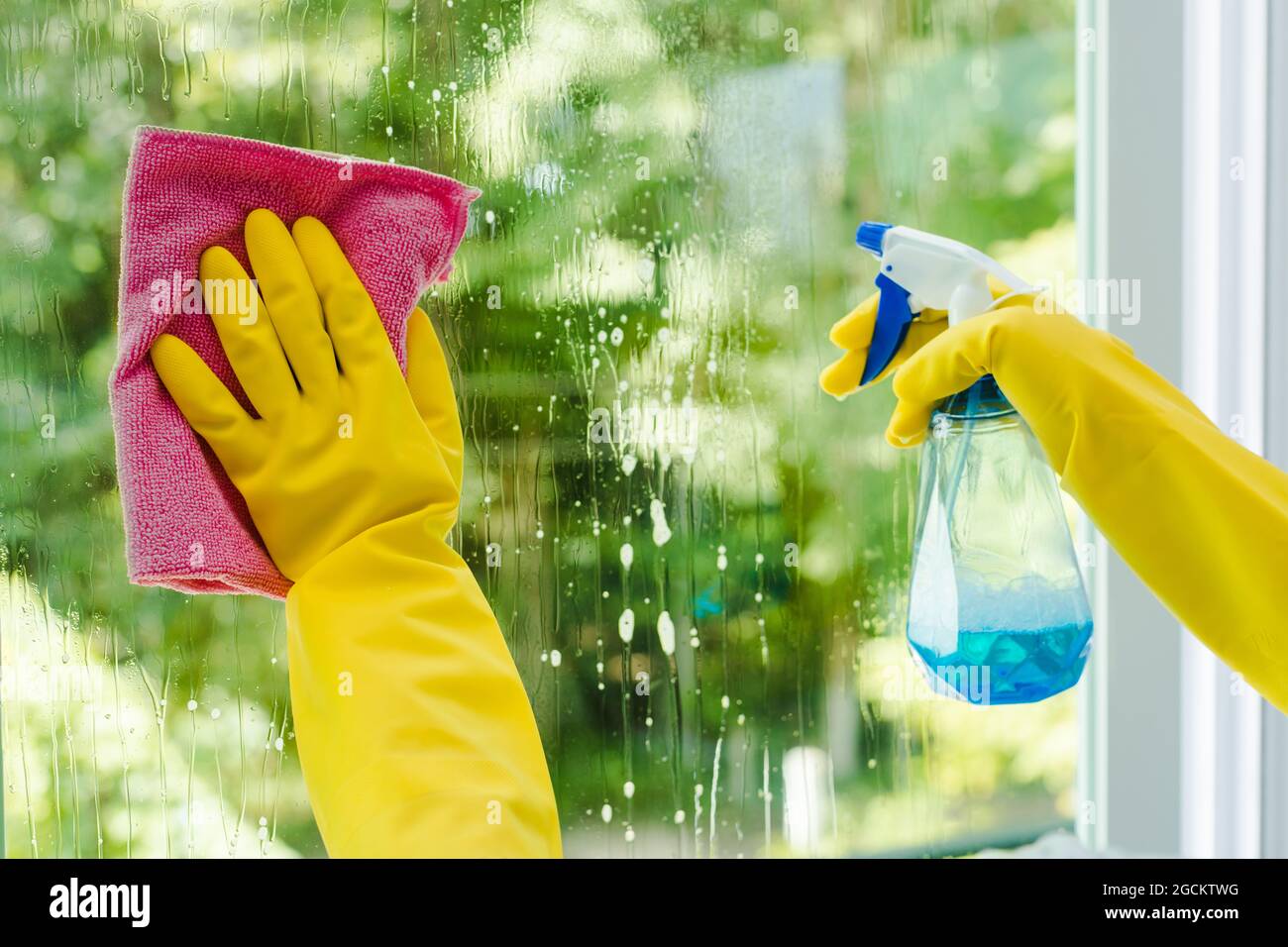 woman spraying and wiping glass Stock Photo - Alamy