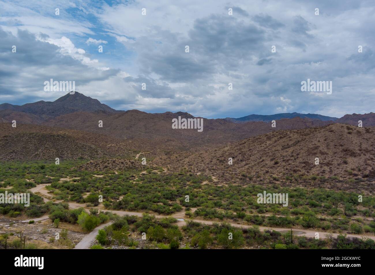 Aerial panoramic view with a desert cactus mountain landscape in ...