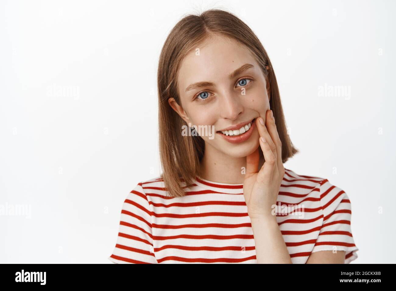 Skin care and women. Young beautiful woman with blond short hair ...