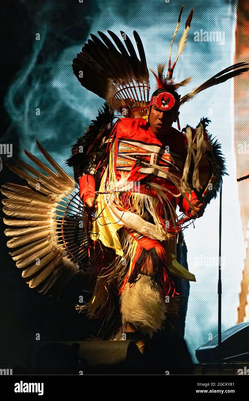 Montreal,Quebec,Canada,August 6, 2021.First nations dancer performing ...