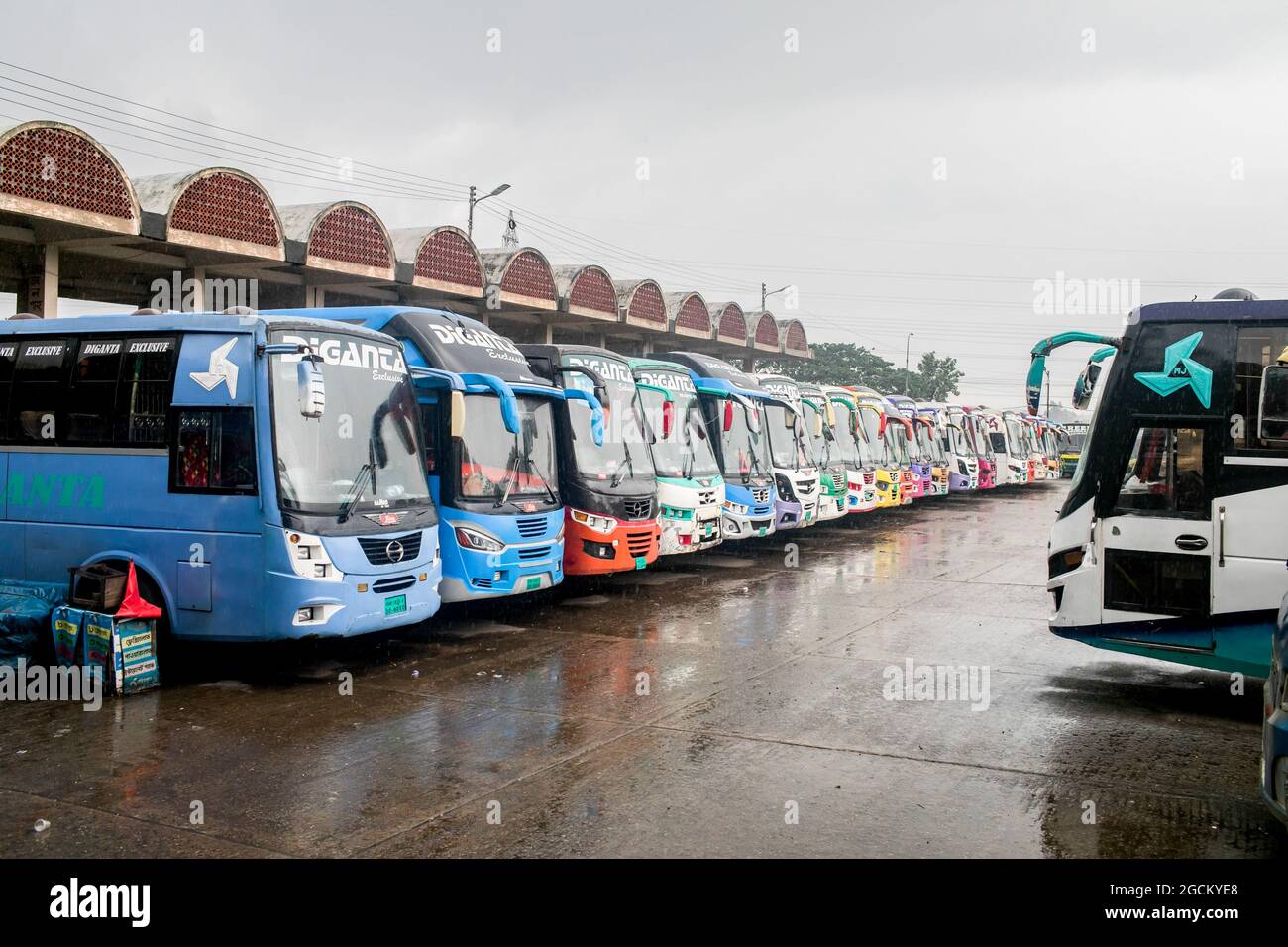 Dhaka, Bangladesh. 08th Aug, 2021. Buses parked at the Gabtoli Bus ...