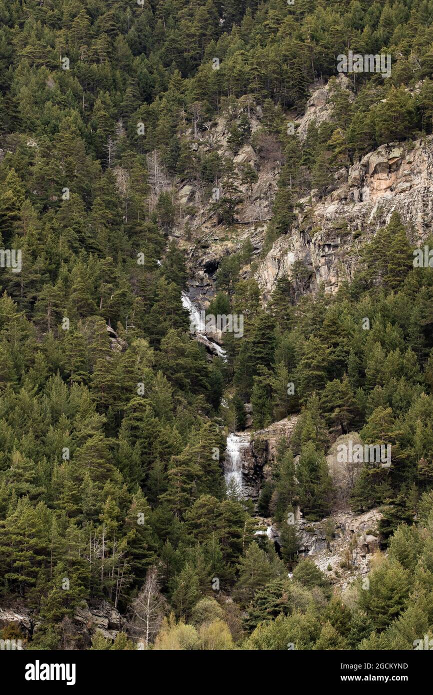 Drone view of amazing powerful waterfall located in woods in Pyrenees ...